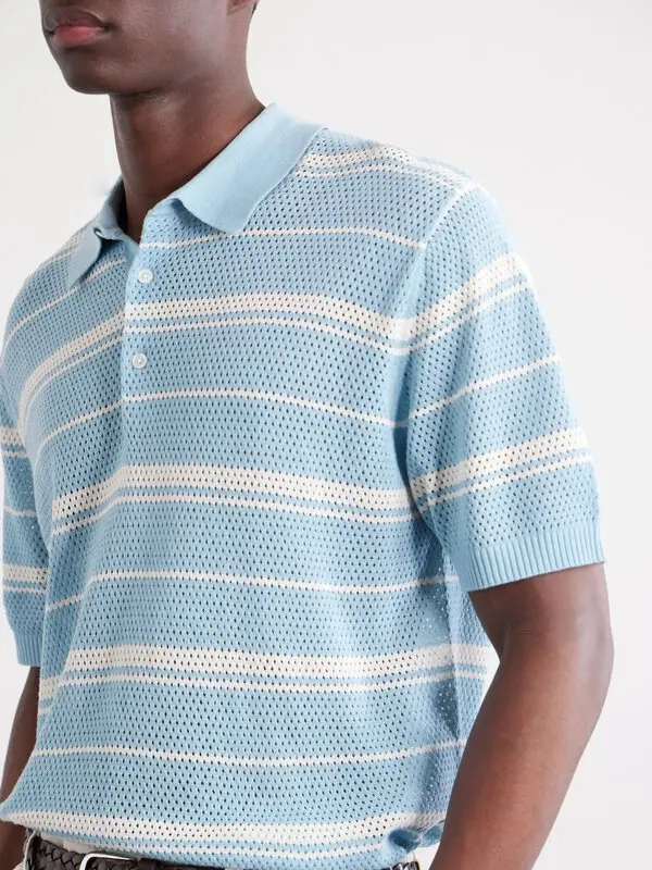 BEAMS Striped Knitted Cotton Polo Shirt - Blue
