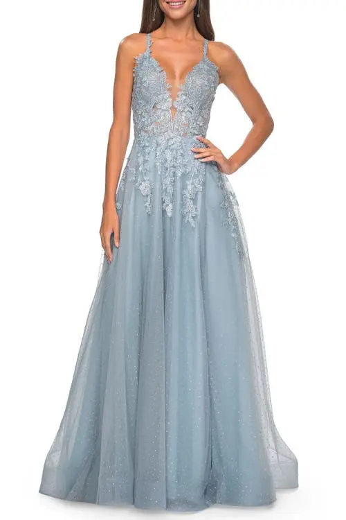 LABOMME Lace Embellished A-line Dress With Lace Up Back - Light Blue
