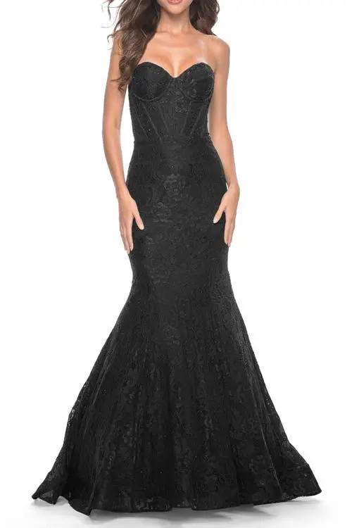 LABOMME Mermaid Stretch Lace Dress With Bustier Top And Sheer Back - Black