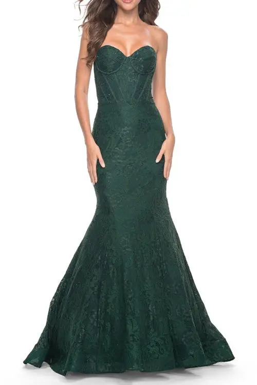 LABOMME Mermaid Stretch Lace Dress With Bustier Top And Sheer Back - Dark Emerald