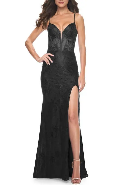 La Femme Stretch Lace Fitted Dress With Bustier Top - Black