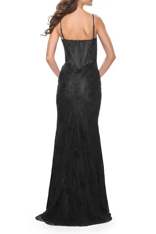 La Femme Stretch Lace Fitted Dress With Bustier Top - Black