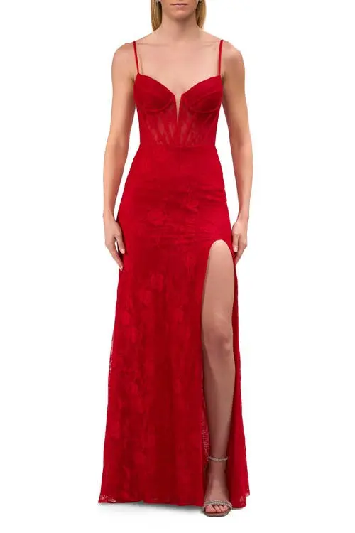 LABOMME Stretch Lace Fitted Dress With Illusion Bustier Top - Red