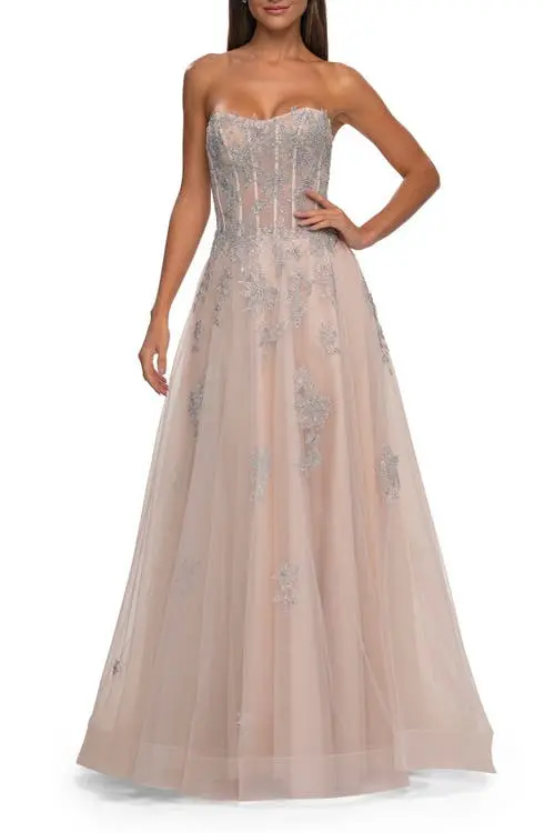 LABOMME Tulle A-line Prom Dress With Gorgeous Rhinestone Lace Applique - Blush