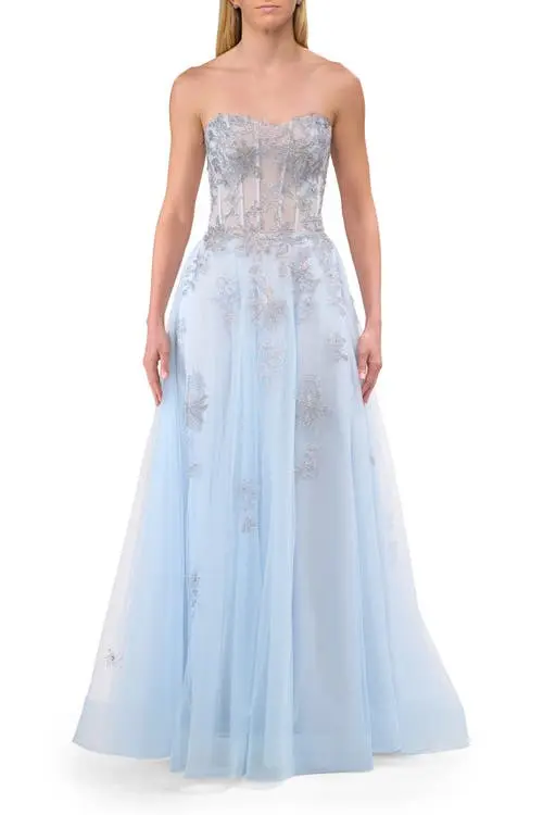 LABOMME Tulle A-line Prom Dress With Gorgeous Rhinestone Lace Applique - Light Blue