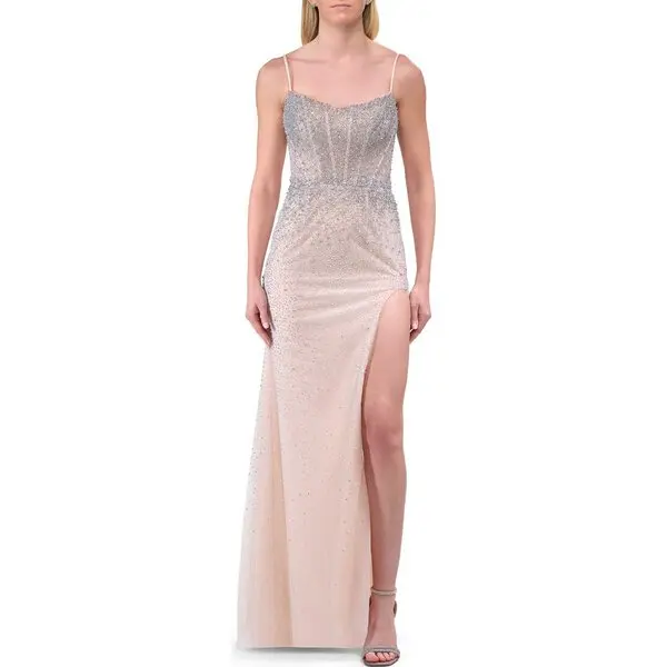 La Femme Fitted Net Dress With Rhinestones And U Slit - Blush