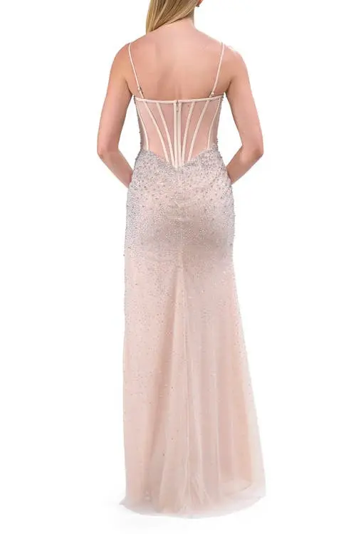 La Femme Fitted Net Dress With Rhinestones And U Slit - Blush