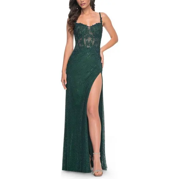 La Femme Rhinestone Embellished Fishnet Column Dress - Dark Emerald
