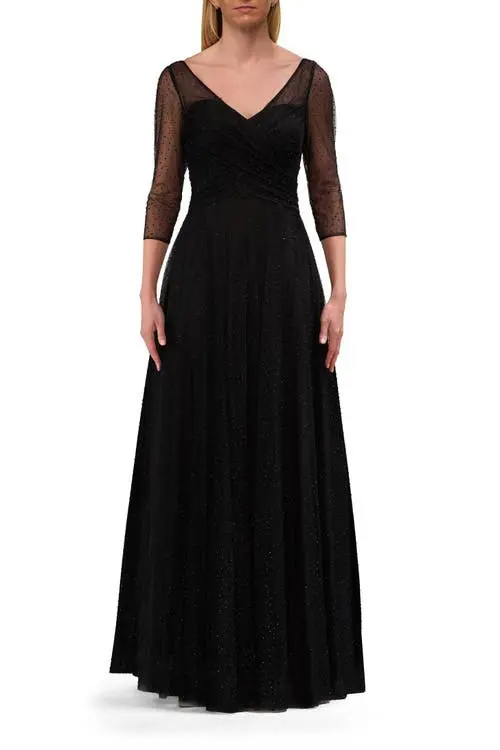 LABOMME Rhinestone Tulle Gown With Full Skirt And Ruched Bodice - Black