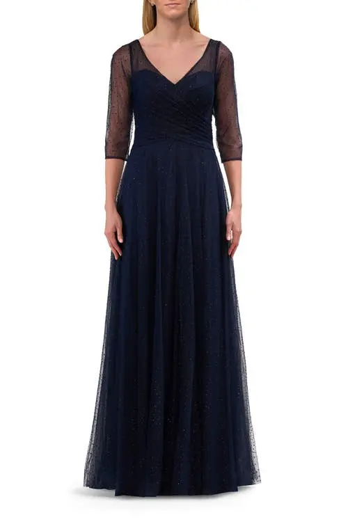 LABOMME Rhinestone Tulle Gown With Full Skirt And Ruched Bodice - Navy