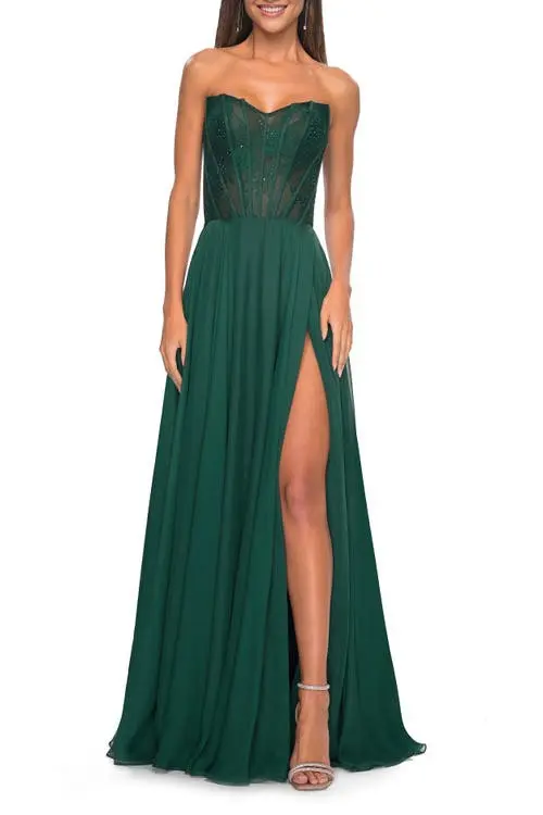 LABOMME Strapless Chiffon Prom Gown With Lace Illusion Bodice - Dark Emerald