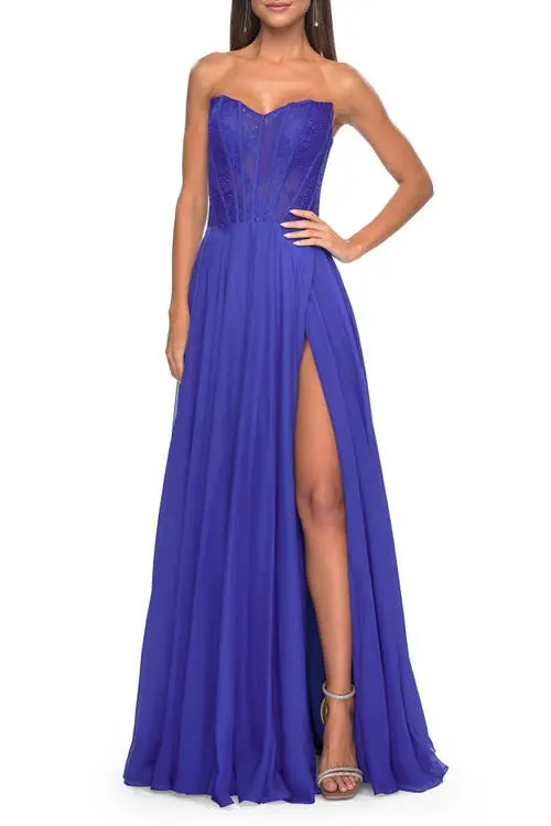 LABOMME Strapless Chiffon Prom Gown With Lace Illusion Bodice - Royal Blue