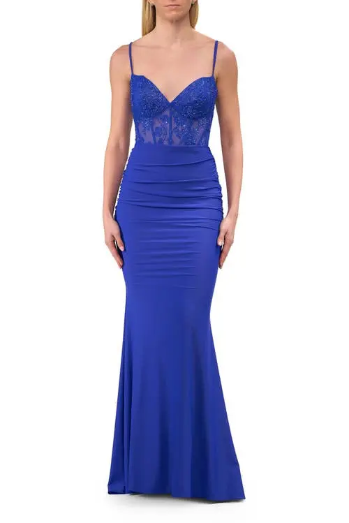 LABOMME Lace And Jersey Dress With Ruched Skirt And V Neckline - Royal Blue
