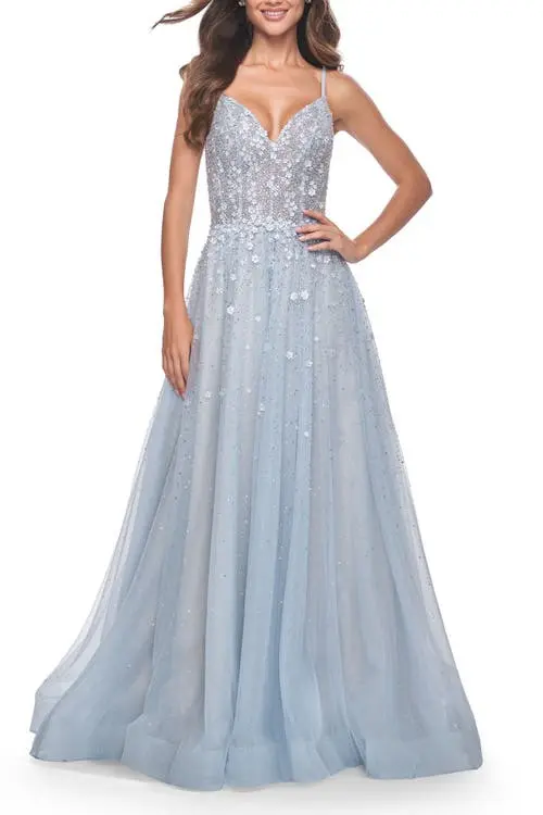 La Femme A-line Tulle Gown With Floral And Rhinestone Details - Light Blue