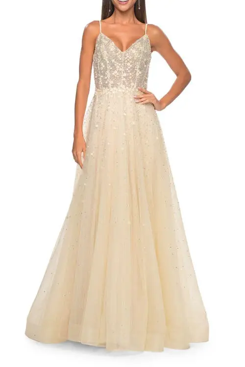 LABOMME A-line Tulle Gown With Unique Floral And Rhinestone Details - Pale Yellow