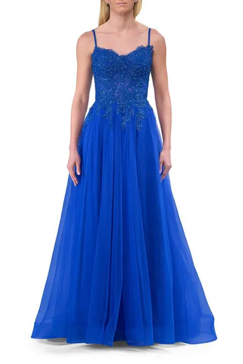 LABOMME Lace And Tulle A-line Prom Dress With High Slit - Royal Blue