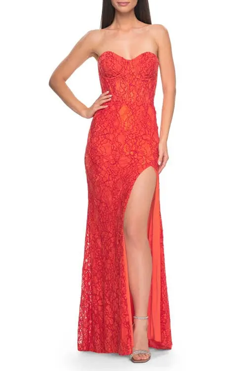 LABOMME Stretch Lace Dress With Bustier Bodice And Illusion Back - Papaya