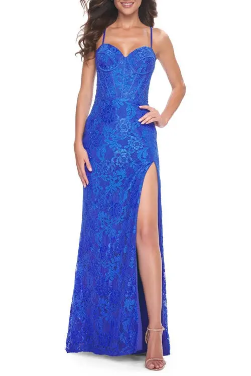 LABOMME Stretch Lace Dress With Bustier Top And Illusion Back - Royal Blue