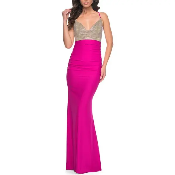 LABOMME Ruched Jersey Gown With Rhinestone Mesh Bodice - Hot Fuchsia