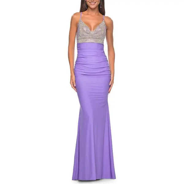 LABOMME Neon Ruched Jersey Dress With Rhinestone Mesh Draped Top - Periwinkle