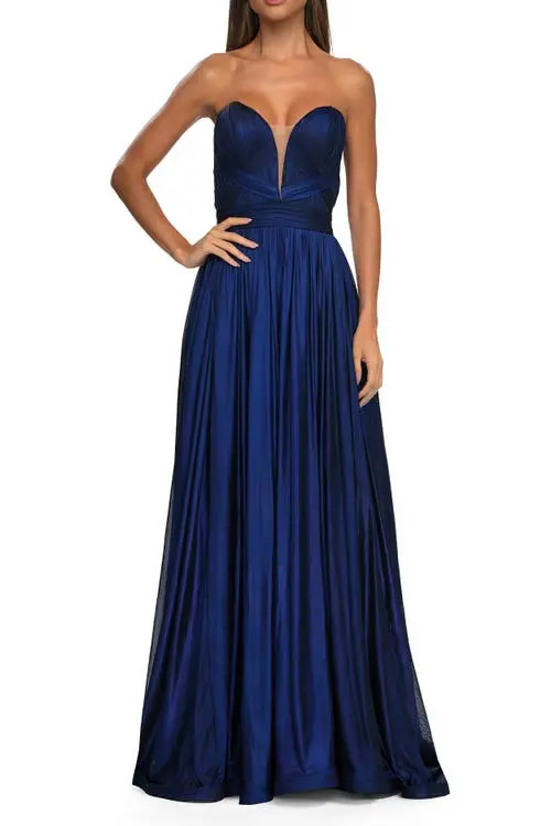 LABOMME Flowy Metallic Net Jersey Prom Dress With Intricate Ruched Bodice - Royal Blue