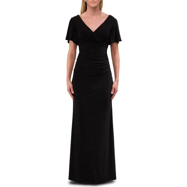 La Femme Flutter Sleeve Rhinestone Embellished Evening Dress - Black