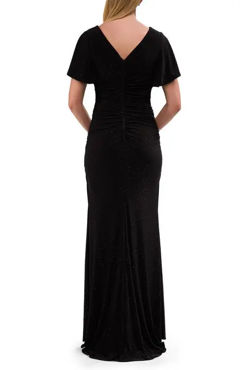 La Femme Flutter Sleeve Rhinestone Embellished Evening Dress - Black
