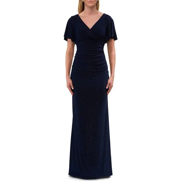 LABOMME Flutter Sleeve Rhinestone Embellished Evening Dress - Navy