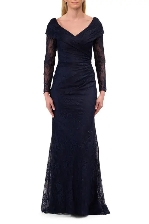 La Femme Lace Long Sleeve V-neck Evening Gown - Navy
