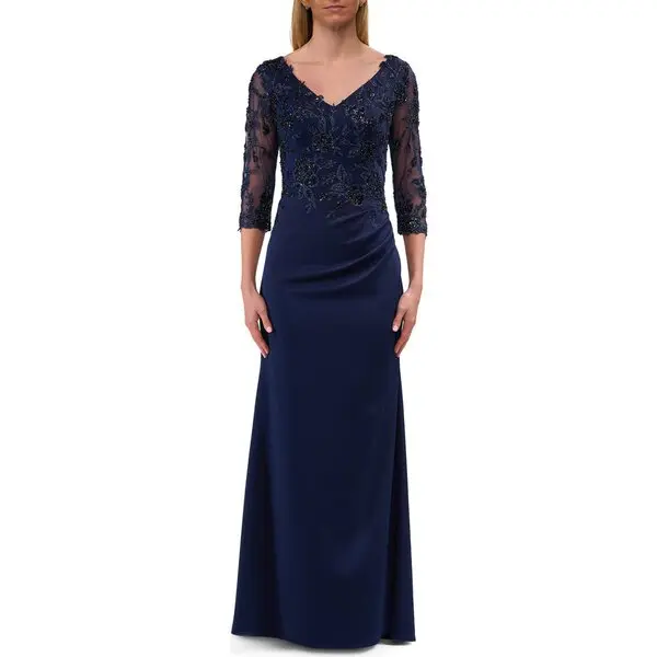 LABOMME Long Mother Of The Bride Dress With Beaded Lace Bodice - Navy
