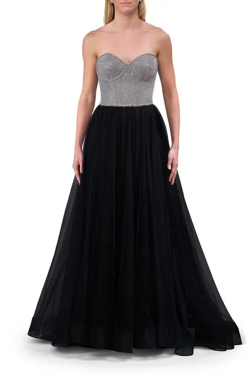La Femme Rhinestone Tulle A-line Dress - Black