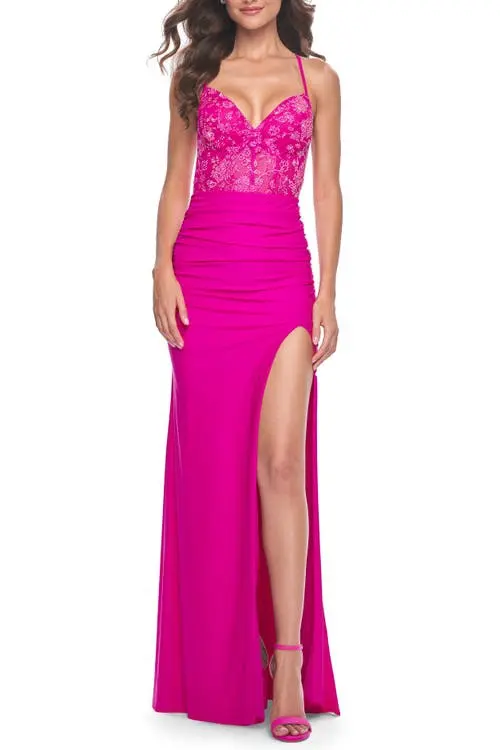 LABOMME Neon Illusion Lace Bodice Prom Dress With Rhinestones - Hot Fuchsia