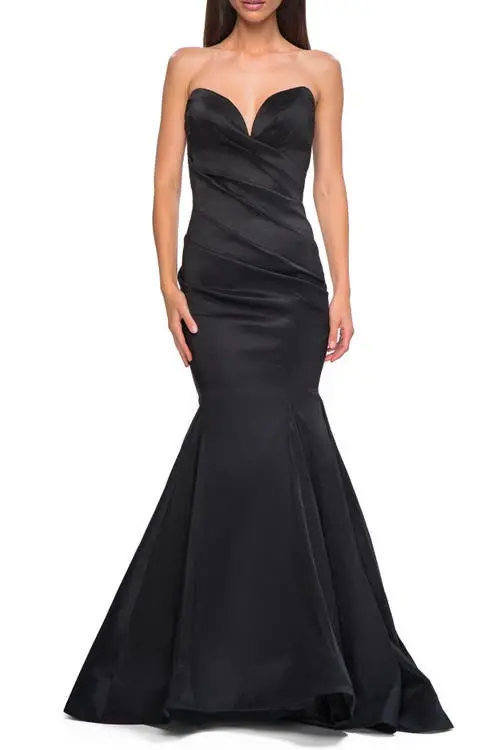 La Femme Mermaid Stretch Mikado Evening Dress With Illusion Back - Black