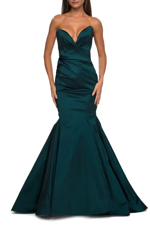 LABOMME Mermaid Stretch Mikado Evening Dress With Illusion Back - Dark Emerald