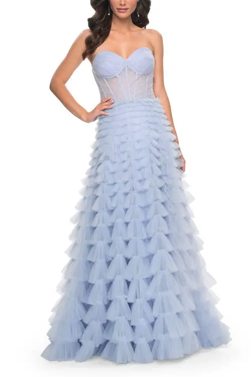 La Femme A-line Ruffle Tulle Prom Gown - Light Periwinkle