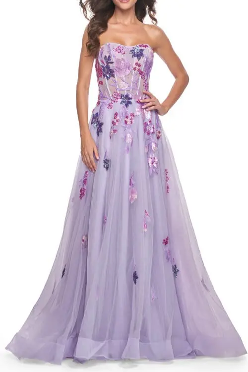 LABOMME Strapless A-line Gown With Multi Color Sequin Lace Detail - Lavender