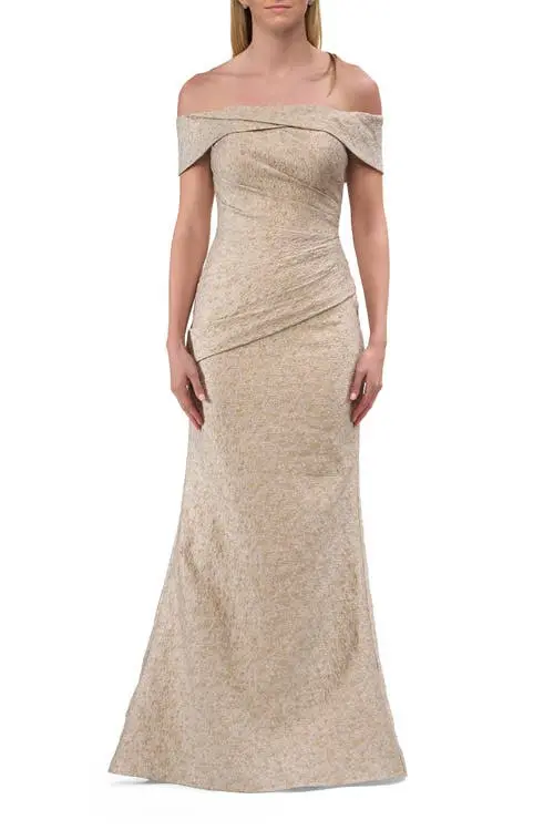 LABOMME Off-the-shoulder Textured Evening Gown - Pewter
