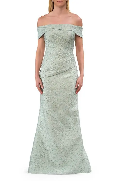 LABOMME Off-the-shoulder Textured Evening Gown - Sage