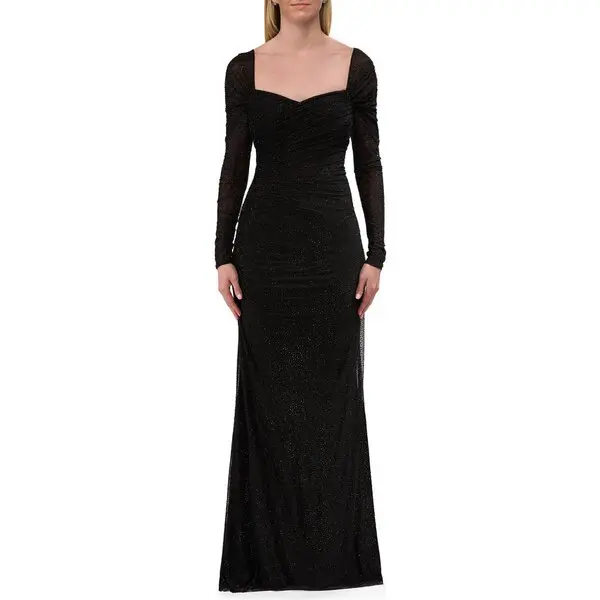 LABOMME Long Sleeve Rhinestone Jersey Gown With Sweetheart Neckline - Black