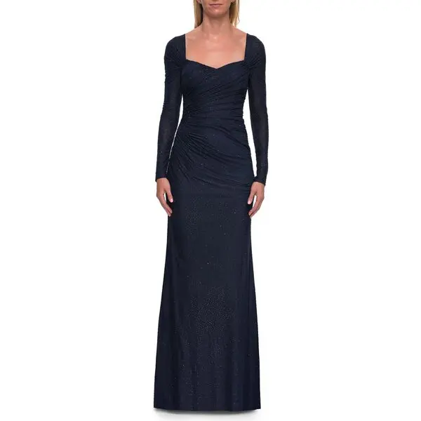 La Femme Long Sleeve Rhinestone Gown - Navy