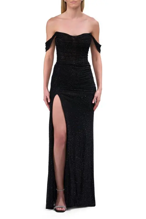 LABOMME Off The Shoulder Rhinestone Net Jersey Evening Dress - Black