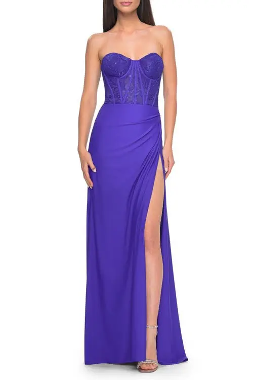 LABOMME Lace Bustier Strapless Dress With Ruched Jersey Skirt - Royal Blue