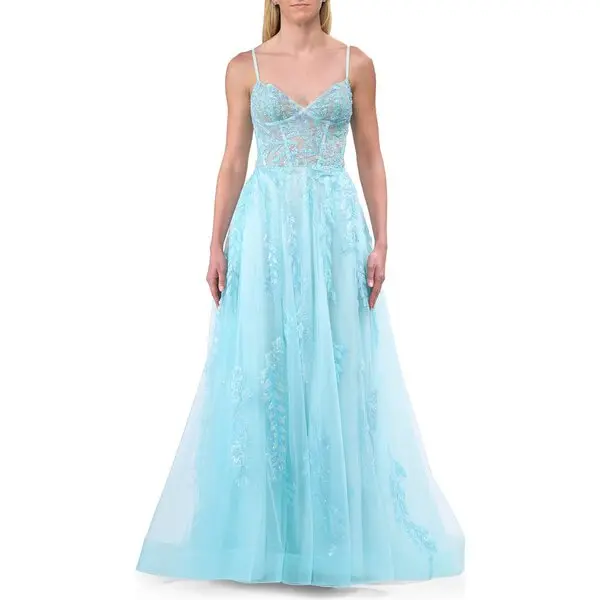 LABOMME A-line Prom Dress With Beaded Floral Applique And Corset Top - Light Blue