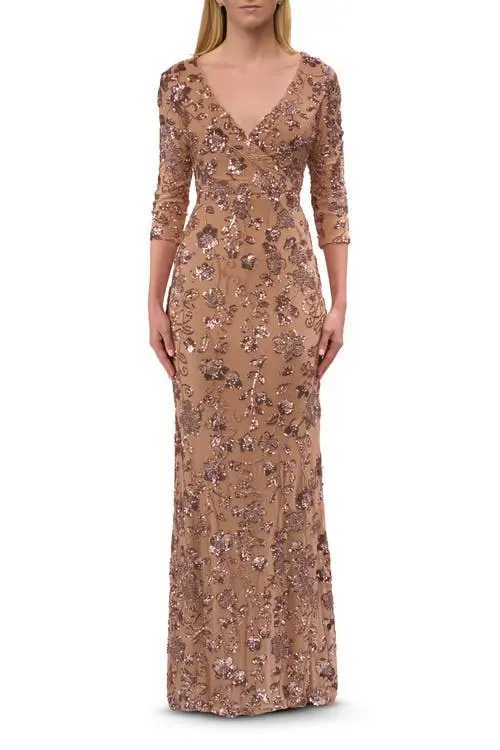 LABOMME Beaded Fitted Gown With A Stretch Fabric And V Neckline - Cocoa