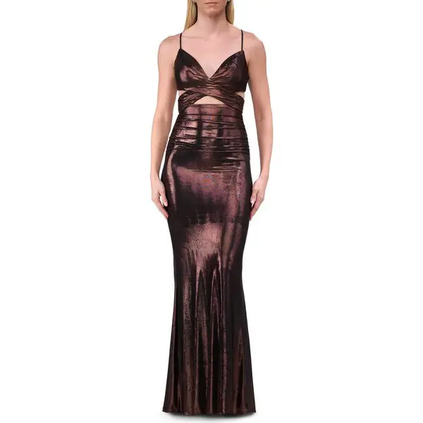 LABOMME Cut Out Prom Dress With Metallic Stretch Jersey Fabric - Bronze