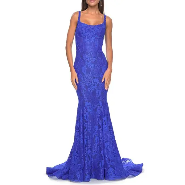 LABOMME Mermaid Stretch Lace Gown With Corset Top - Royal Blue