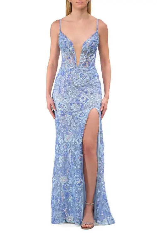 La Femme Floral Sequin Plunge Neck Column Gown - Cloud Blue