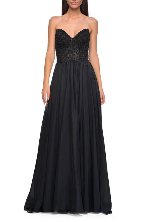 LABOMME Chiffon Gown With High Slit And Strapless Lace Top - Black