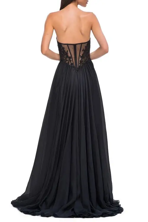 La Femme Chiffon Gown With Lace Top - Black