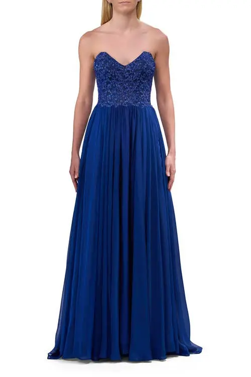 LABOMME Chiffon Gown With High Slit And Strapless Lace Top - Marine Blue